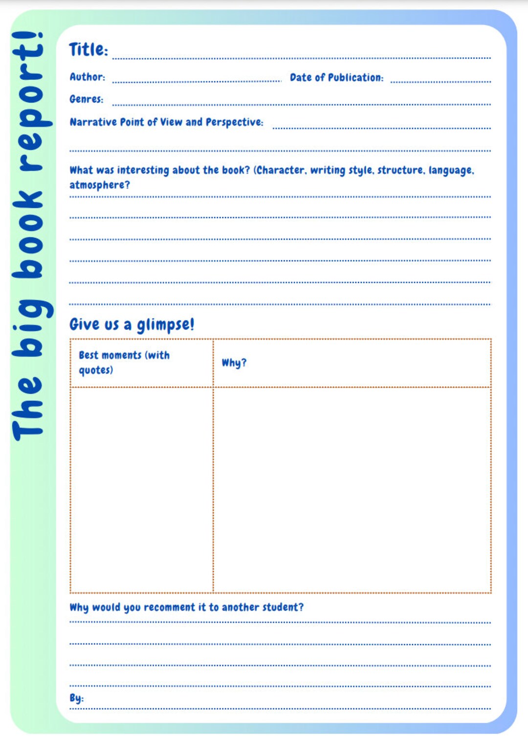 The Big Book Report Worksheet - Etsy