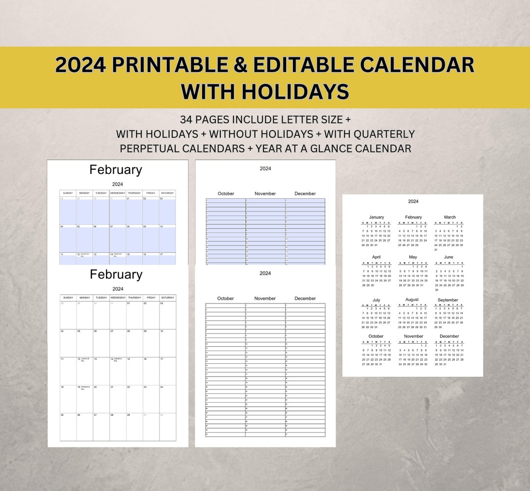 2024 Monthly Calendar With Holidays, Pintable Editable Calendar ...
