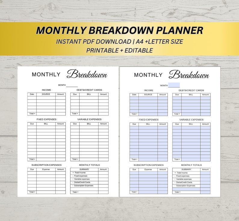 Editable Monthly Breakdown, Monthly Budget Planner, Printable Monthly ...