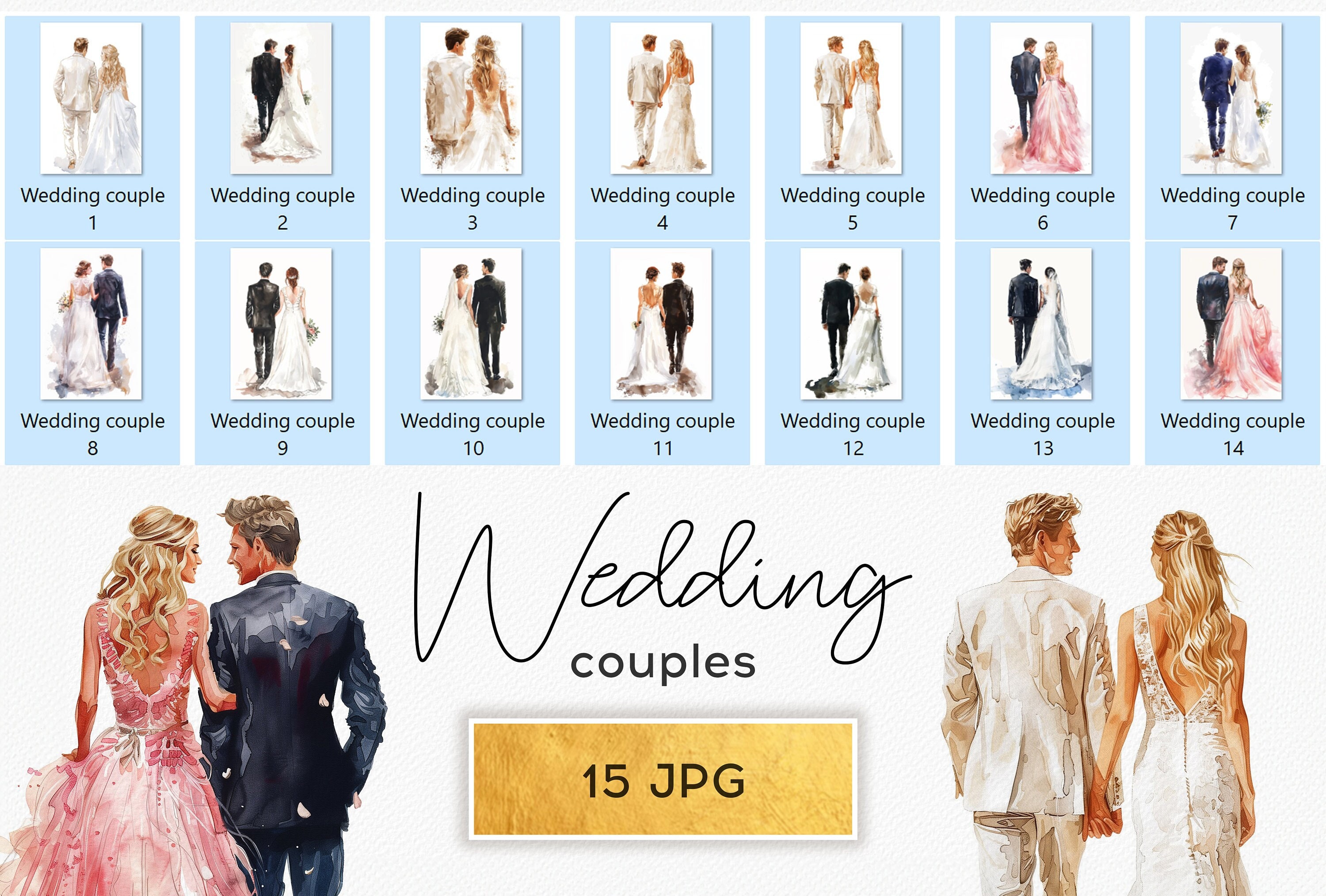 Set of 15 Bride and Groom Back Clipart, Just Married Clipart, Wedding ...