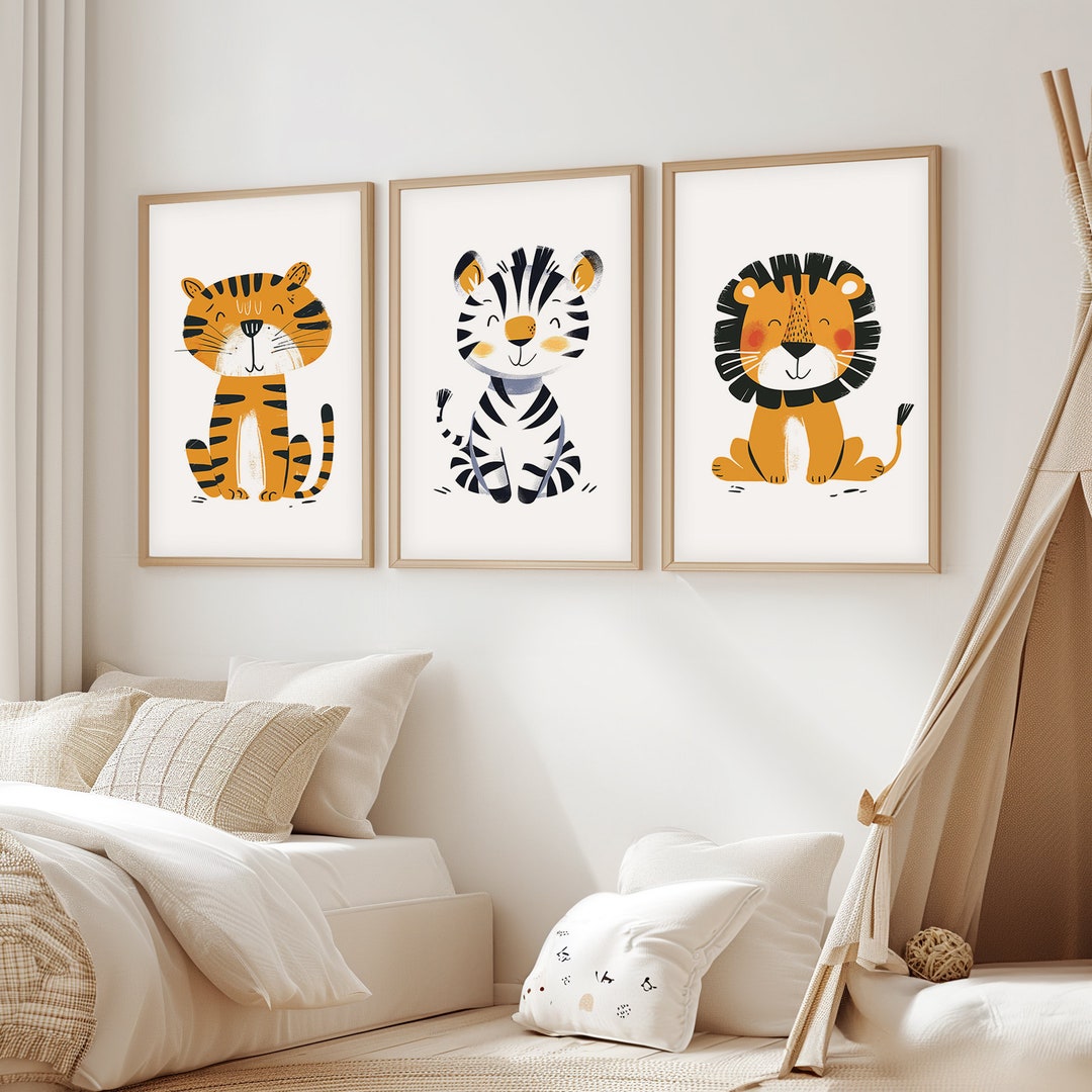 Set of 3 Cute Animal Poster Lion Tiger Zebra - Safari Nursery Decor ...