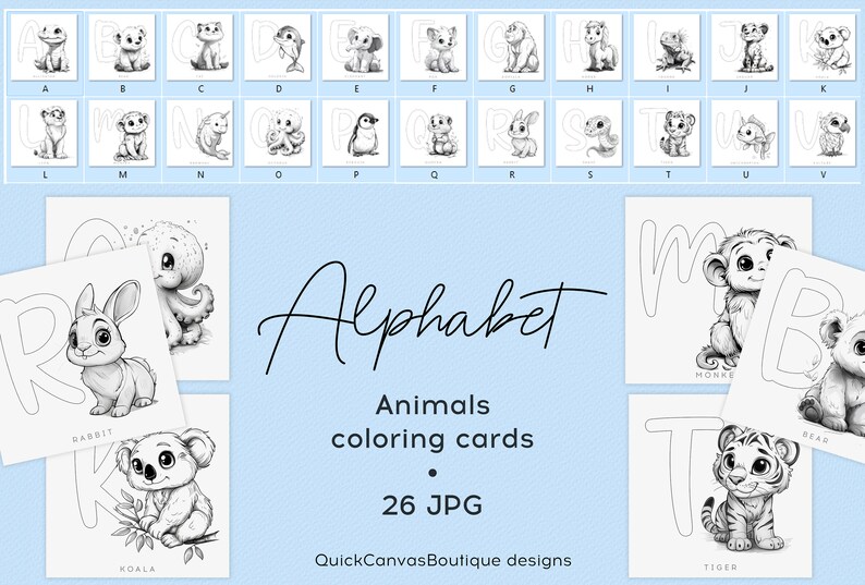 ABC Flash Cards Alphabet Flash Cards Coloring Animals Alphabet 26 Cards ...