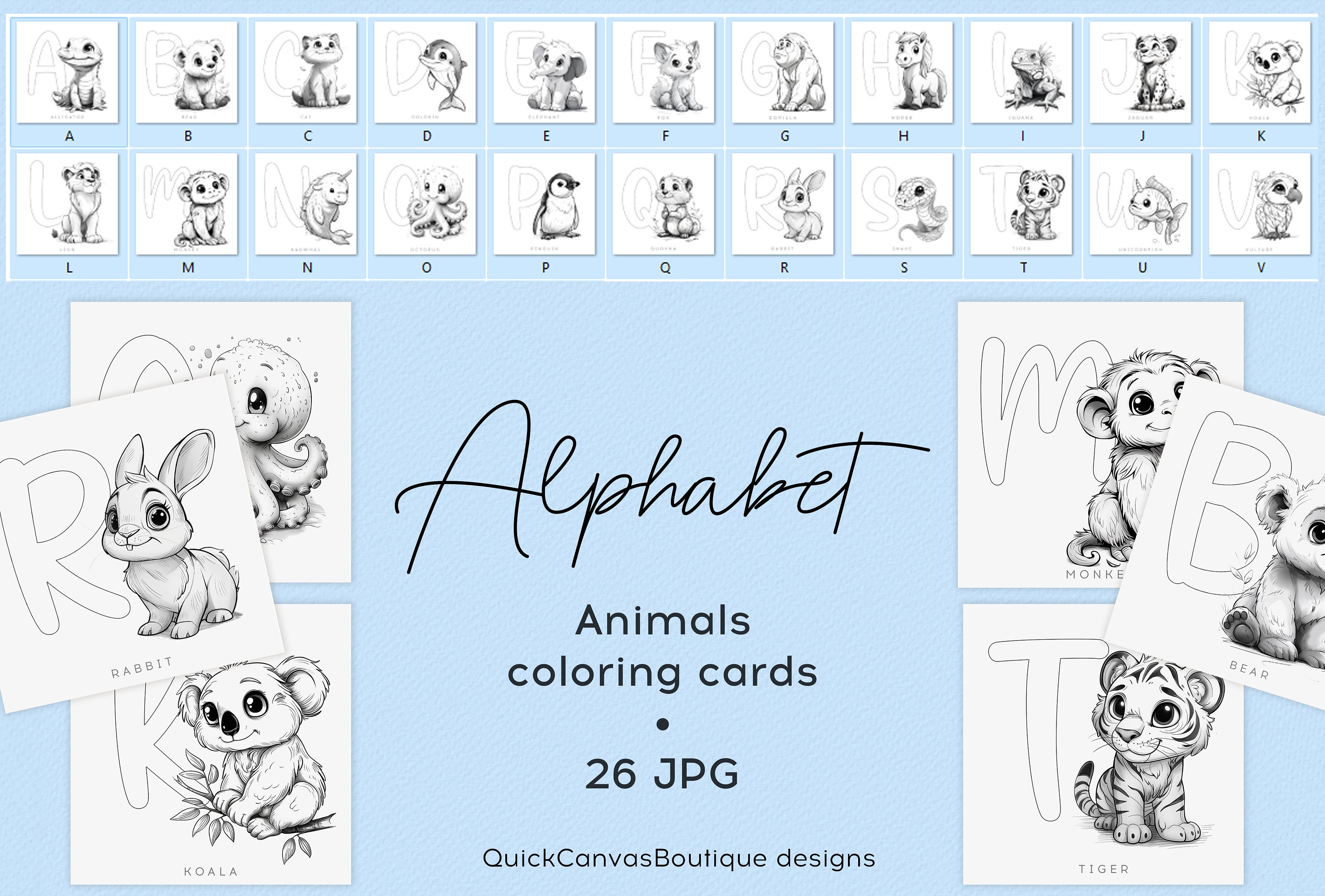 Kids' Animal Alphabet Coloring Cards (digital Printable) - Etsy