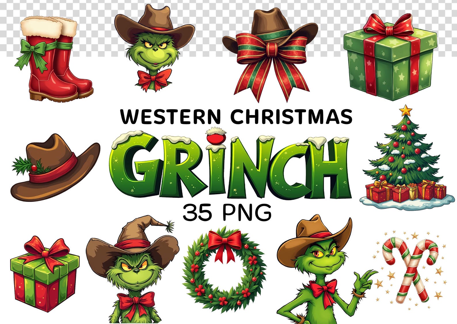 Grinch PNG Bundle Bow Coquette Style Western Style Vector Clipart ...