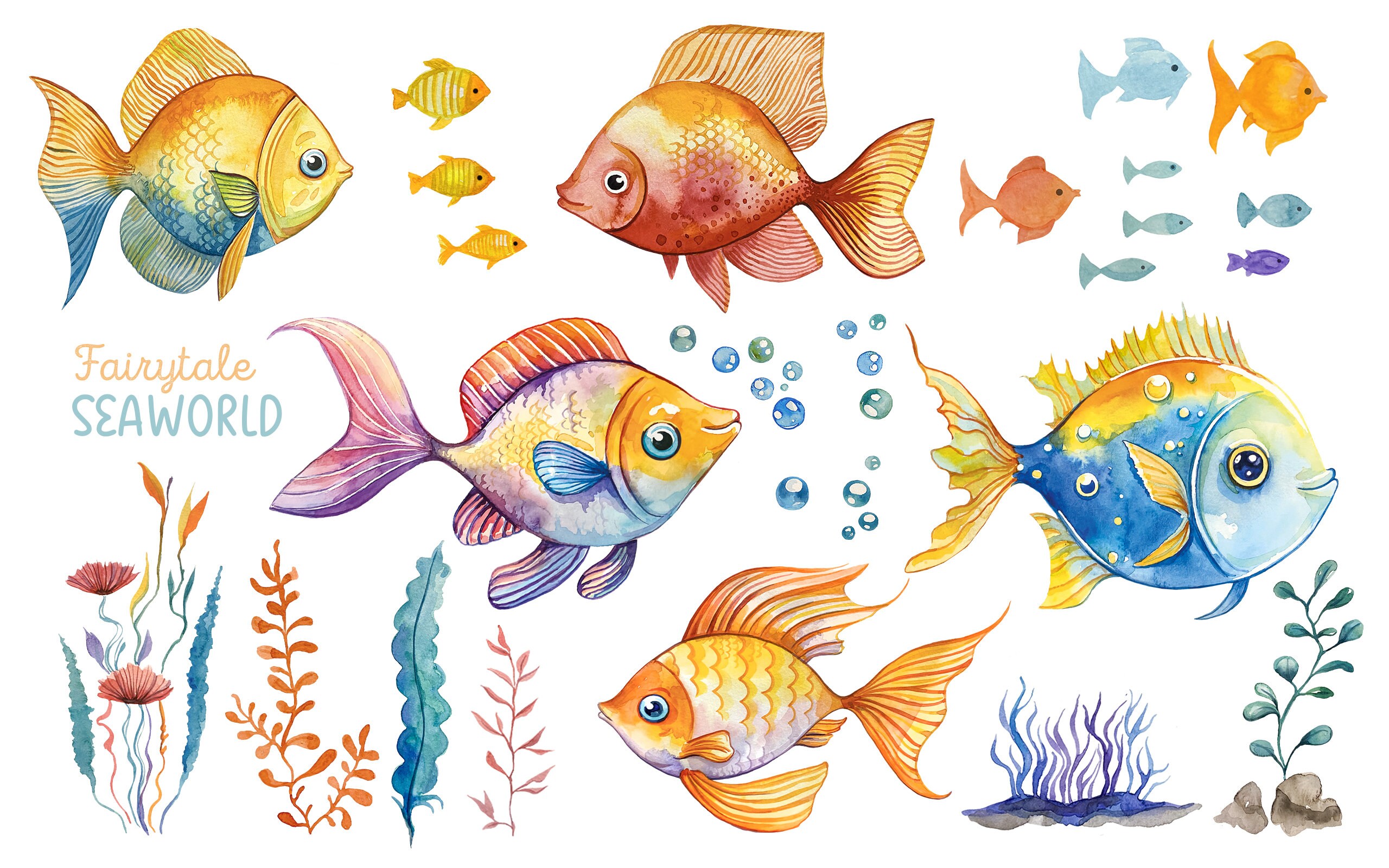 Real Watercolor Fish Digital Clipart Set Hand-painted Fairytale Cute ...