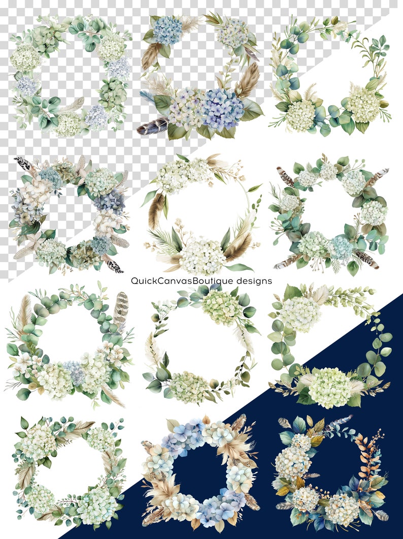 Hydrangea Eucalyptus Boho Clipart Watercolor Wreath PNG Watercolor ...