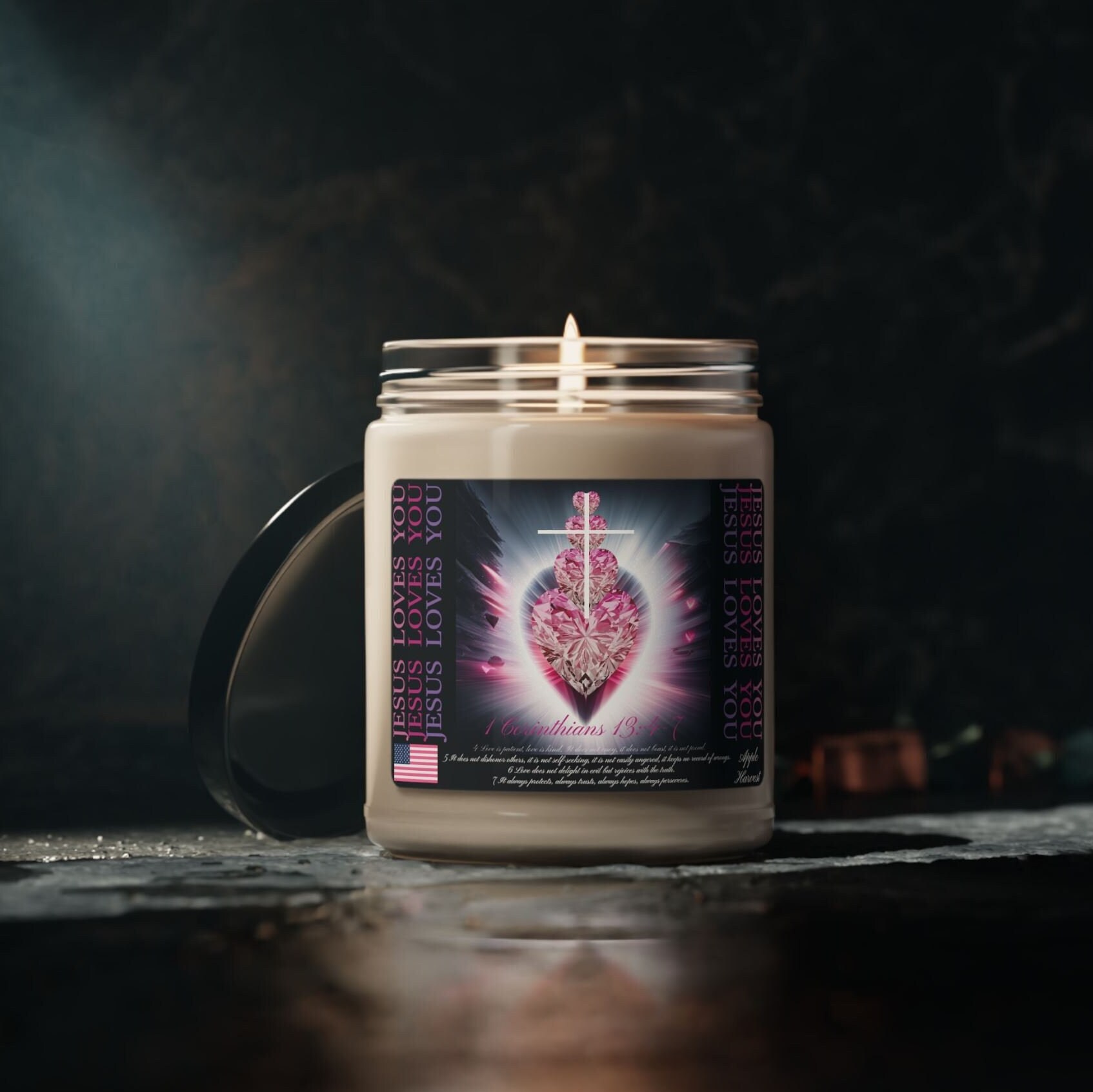 JESUS CHRIST CROSS Heart Candle 1 Corinthians 13:4-7 Christian Candle ...