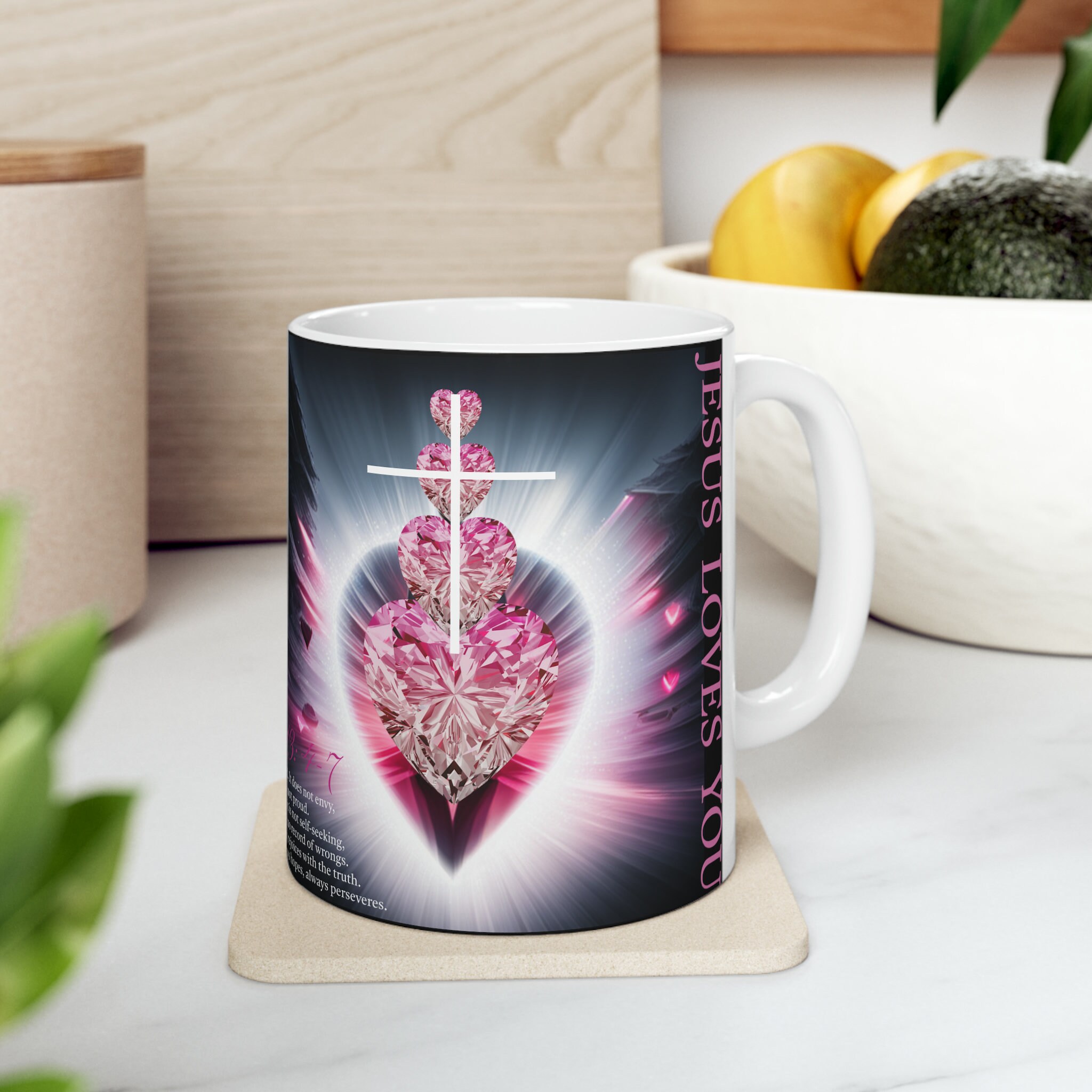 JESUS CHRIST CROSS Coffee Mug Heart Mug Corinthians 13:4-7 Ceramic Mug ...