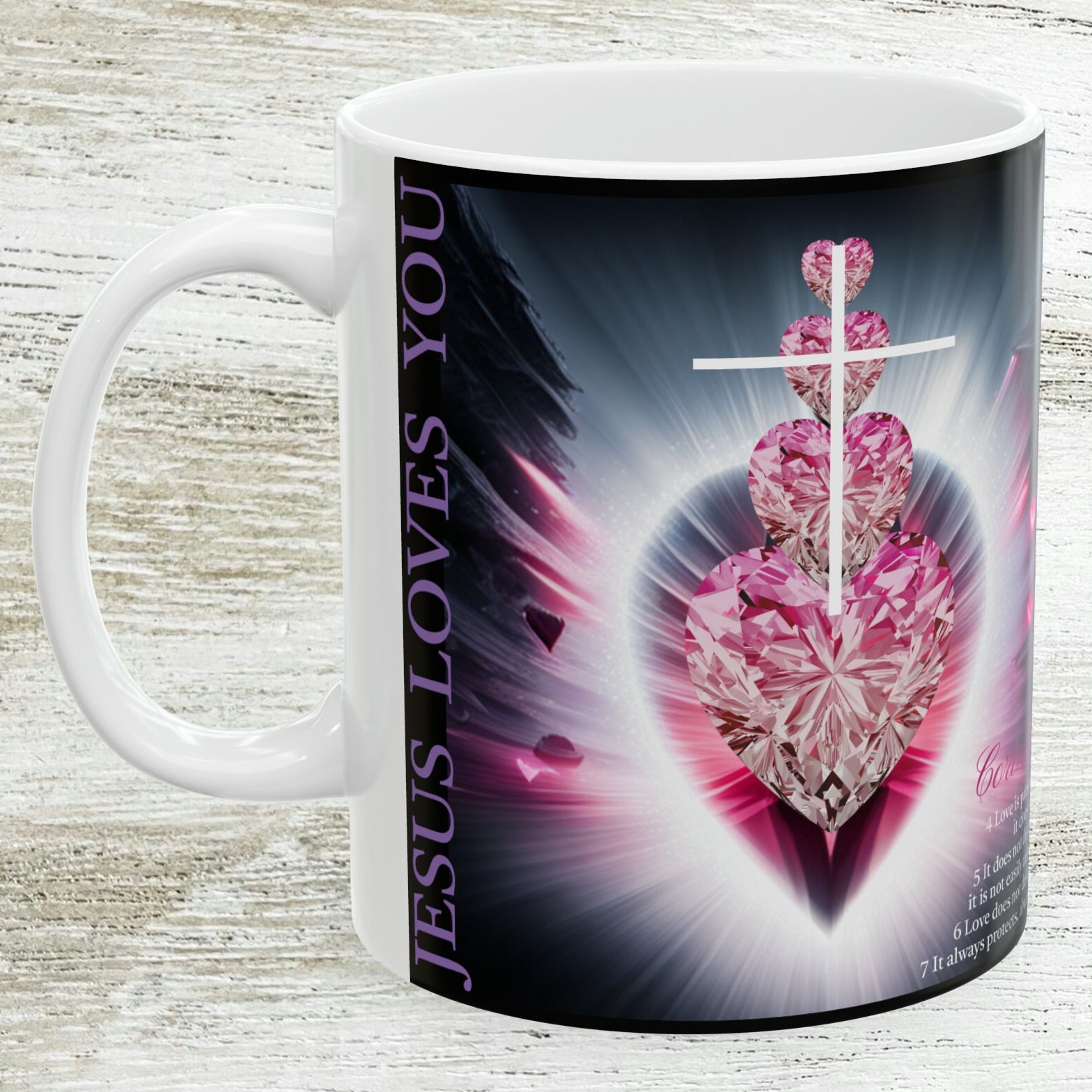 JESUS CHRIST CROSS Coffee Mug Heart Mug Corinthians 13:4-7 Ceramic Mug ...