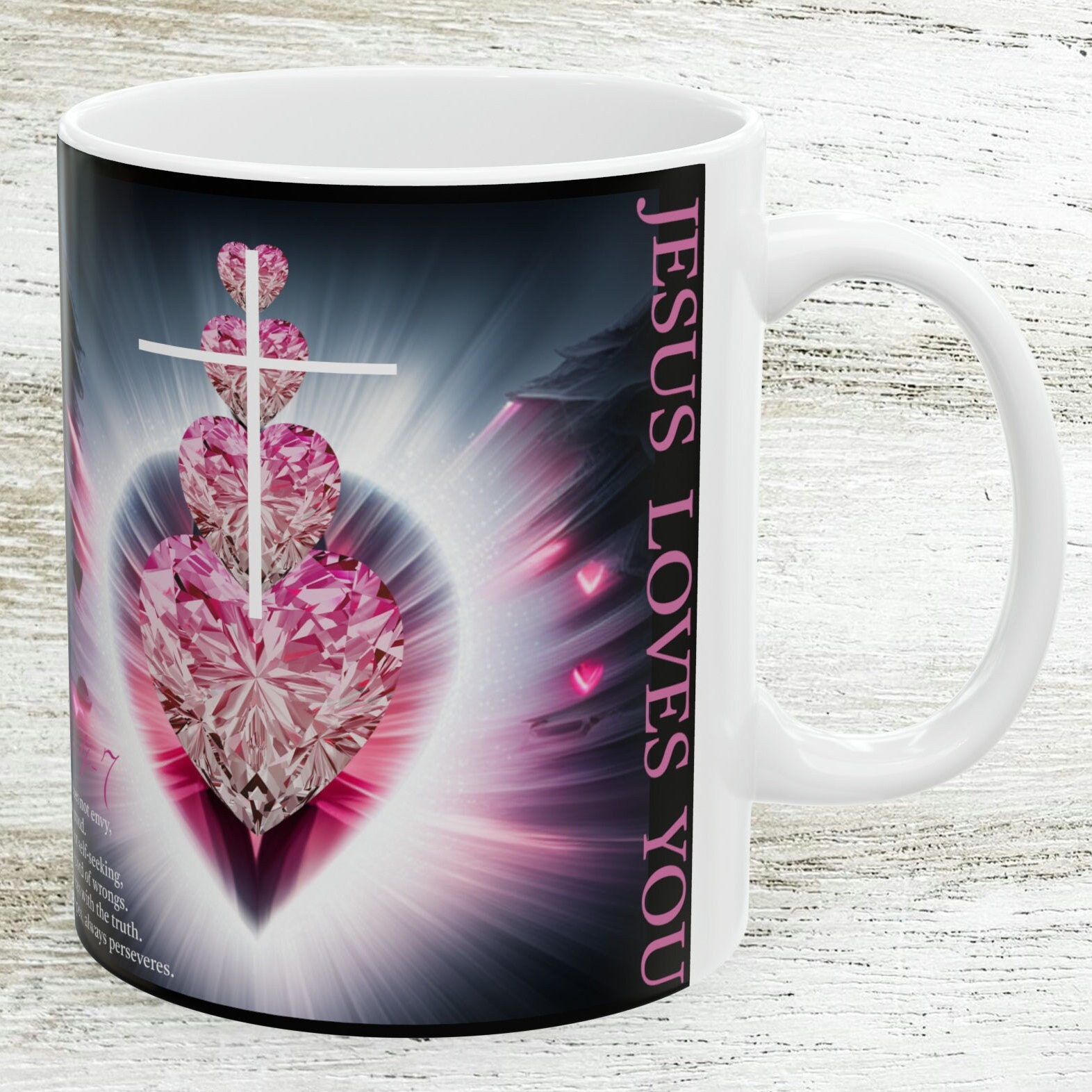 JESUS CHRIST CROSS Coffee Mug Heart Mug Corinthians 13:4-7 Ceramic Mug ...