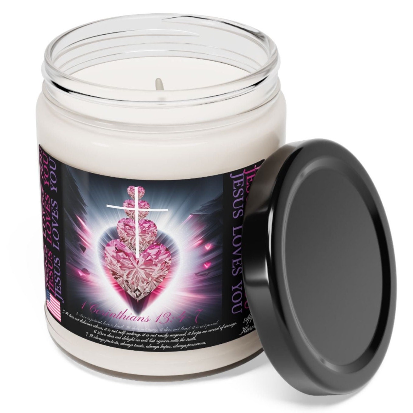 JESUS CHRIST CROSS Heart Candle 1 Corinthians 13:4-7 Christian Candle ...