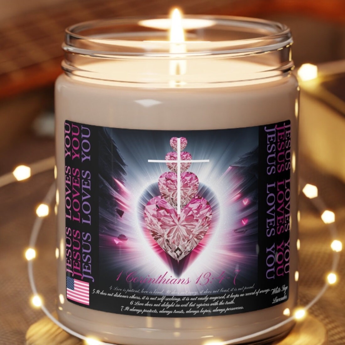 JESUS CHRIST CROSS Heart Candle 1 Corinthians 13:4-7 Christian Candle ...