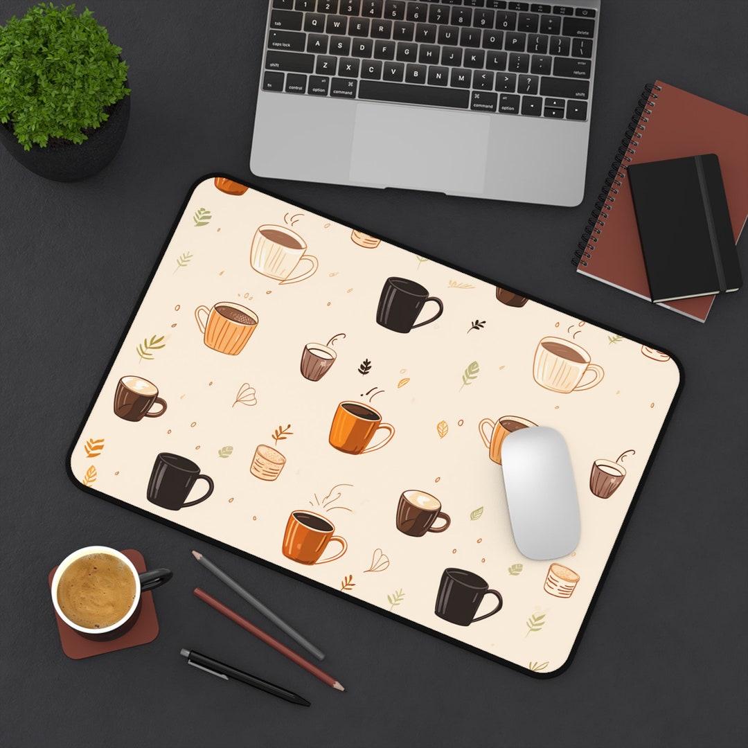 Coffee Lovers Dream: Elegant Cream Desk Mat, Cozy Mug Pattern, Fall ...