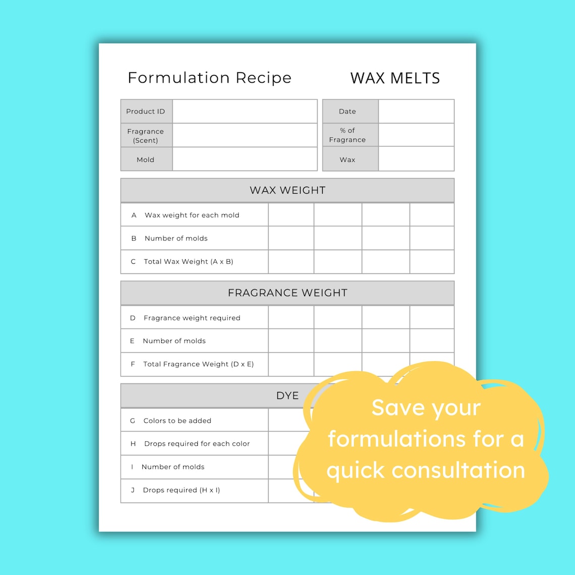 Wax Melt Recipe Form: Printable Formulation Template (digital Download ...