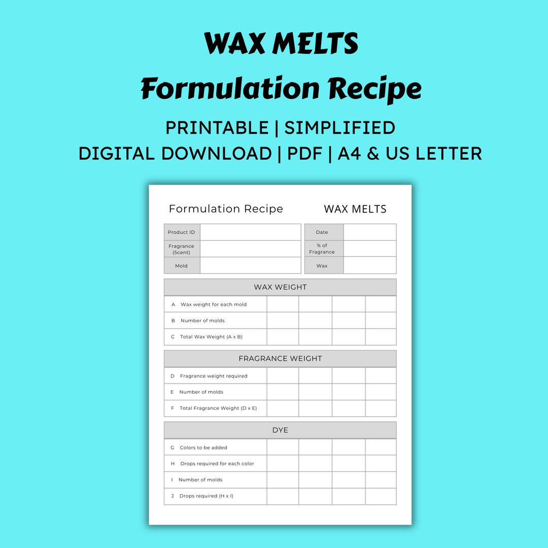 Wax Melt Recipe Form: Printable Formulation Template (digital Download ...