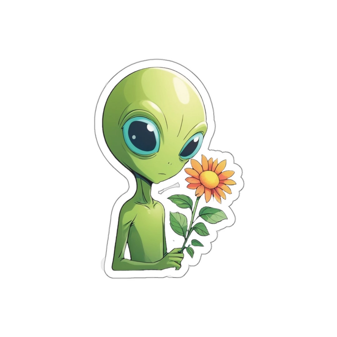 Alien Holding Flower Sticker, Perfect for Laptops, Journals, Stationary ...