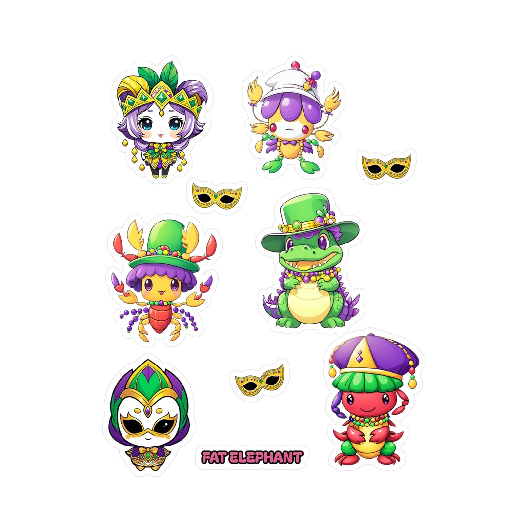 Mardi Gras Kawaii Sticker Sheet, Cute Anime Chibi Characters Perfect ...
