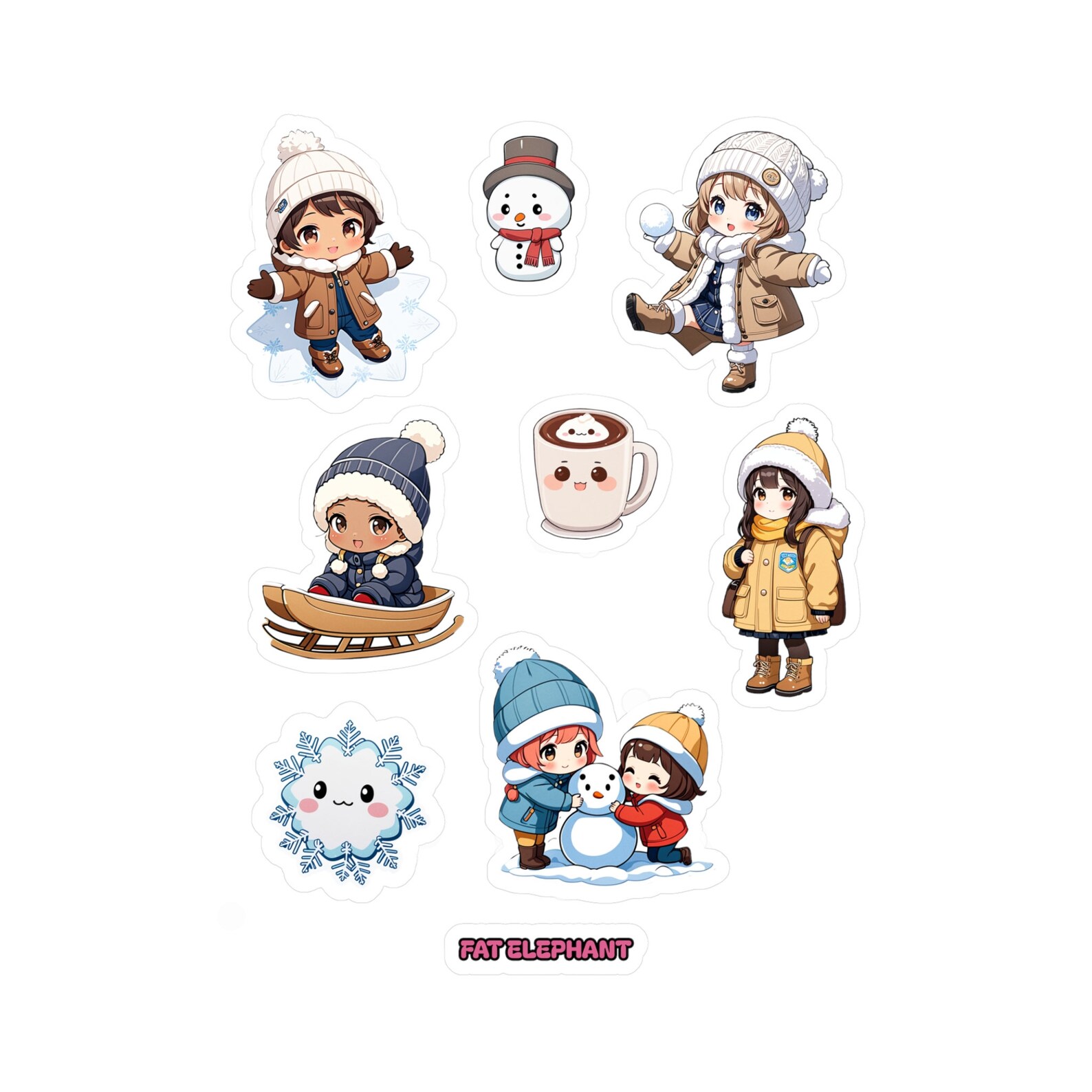 Kawaii Winter Fun Sticker Sheet - Adorable Kids Playing in Snow Vinyl ...