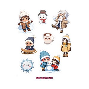 Kawaii Winter Fun Sticker Sheet - Adorable Kids Playing in Snow Vinyl ...