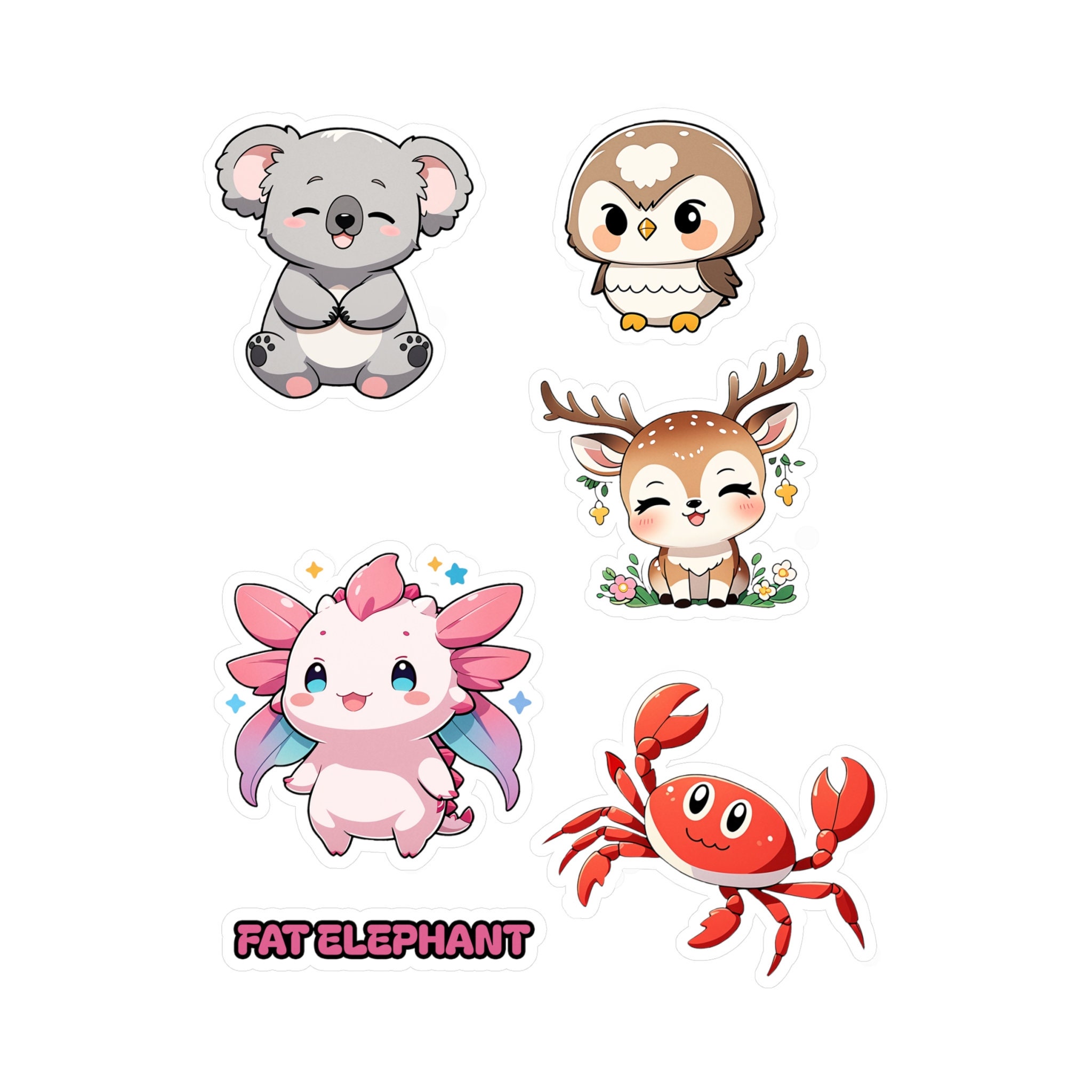 Kawaii Animal Vinyl Decal Sticker Sheet - 5 Animals - Owl, Koala, Crab ...