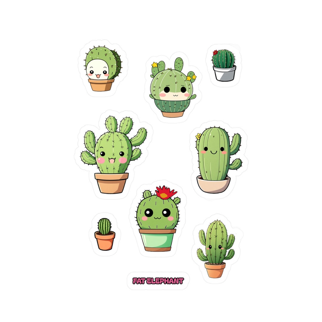Kawaii Cactus Vinyl Decal Sticker Sheet - Set of 8 Adorable Anime Chibi ...