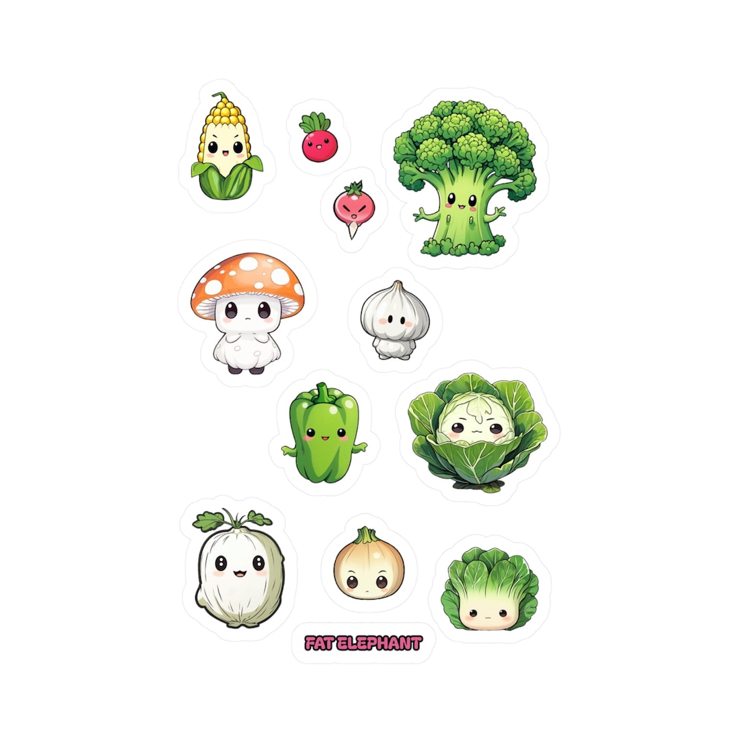 Kawaii Vegetable Characters Sticker Sheet - Set of 11 Cute Vinyl Decals ...