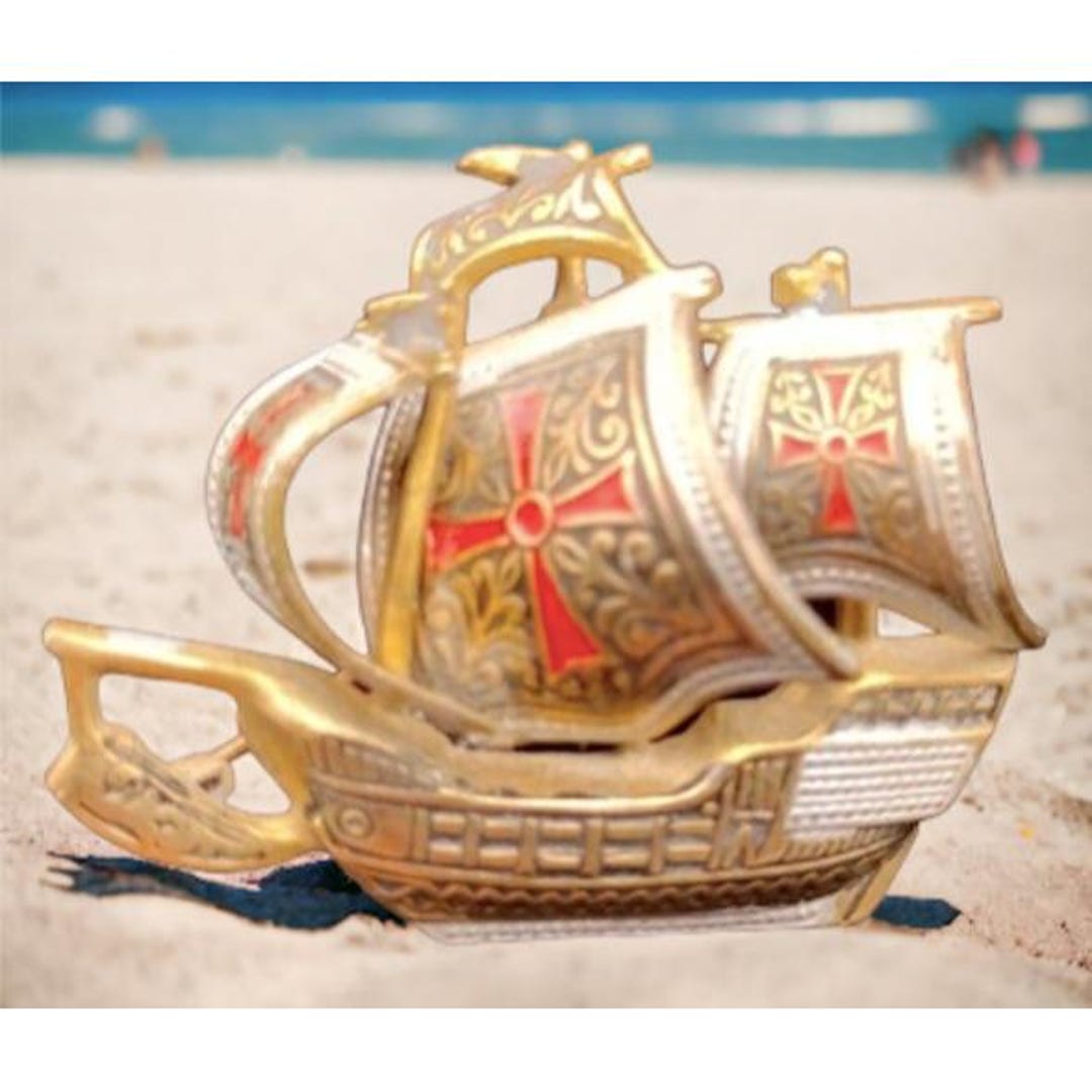 Vintage Damascene Enamel Pirate Ship Pin, Brooch, Spain, Crusader ...