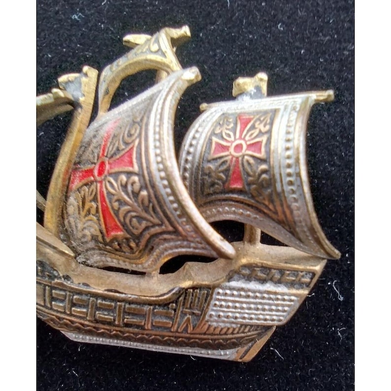 Vintage Damascene Enamel Pirate Ship Pin, Brooch, Spain, Crusader ...