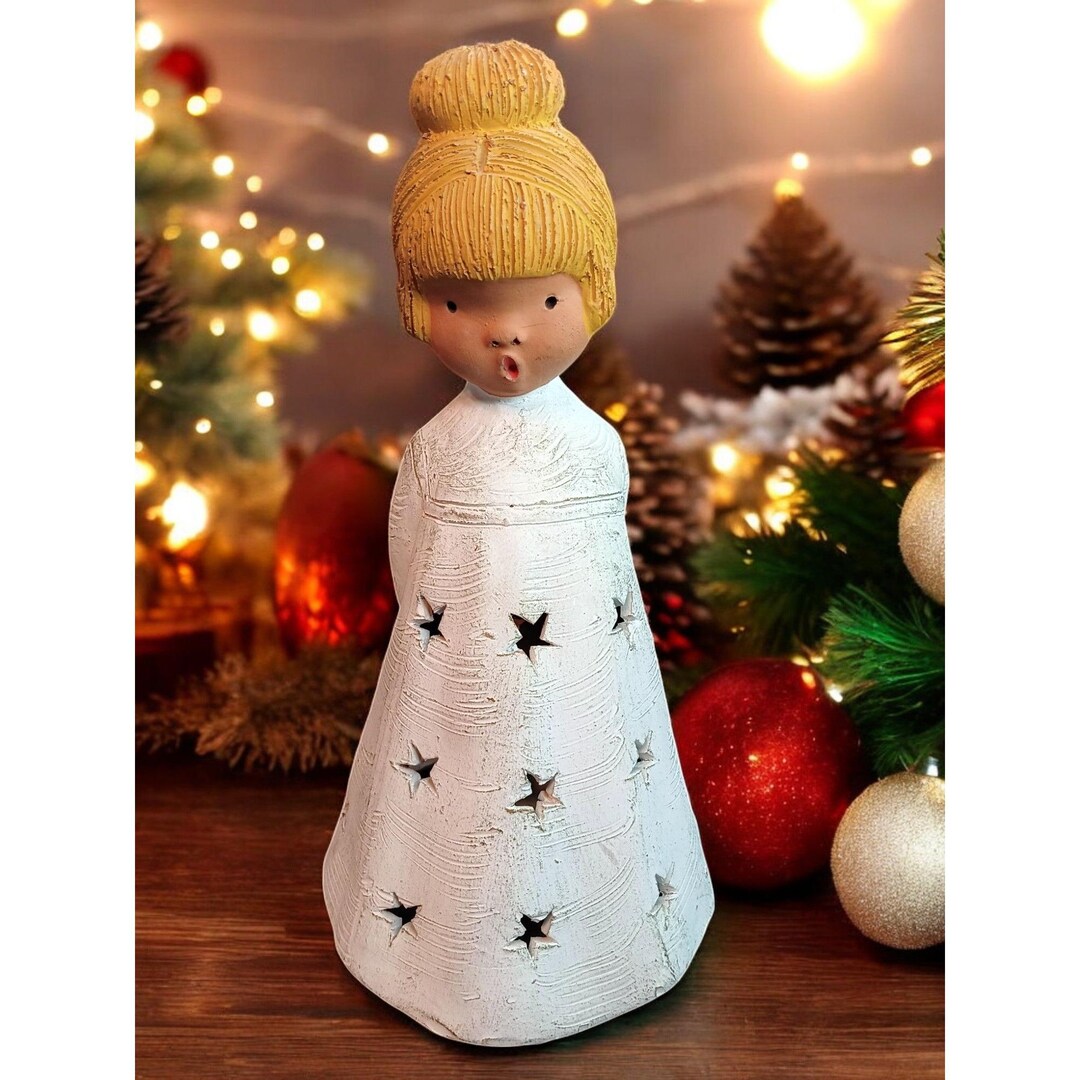 Jullar Terracotta Large Angel Votive Candle Holder, Blond Bun, White ...