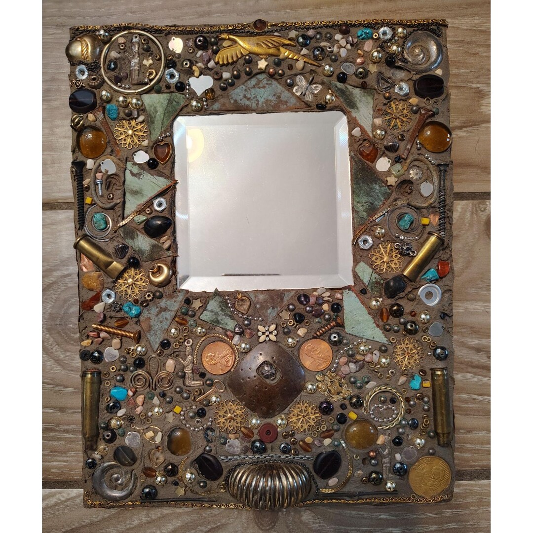 Mixed Media Steampink Mirror Wall Art, Coins, Beads, Pottery Hammered ...