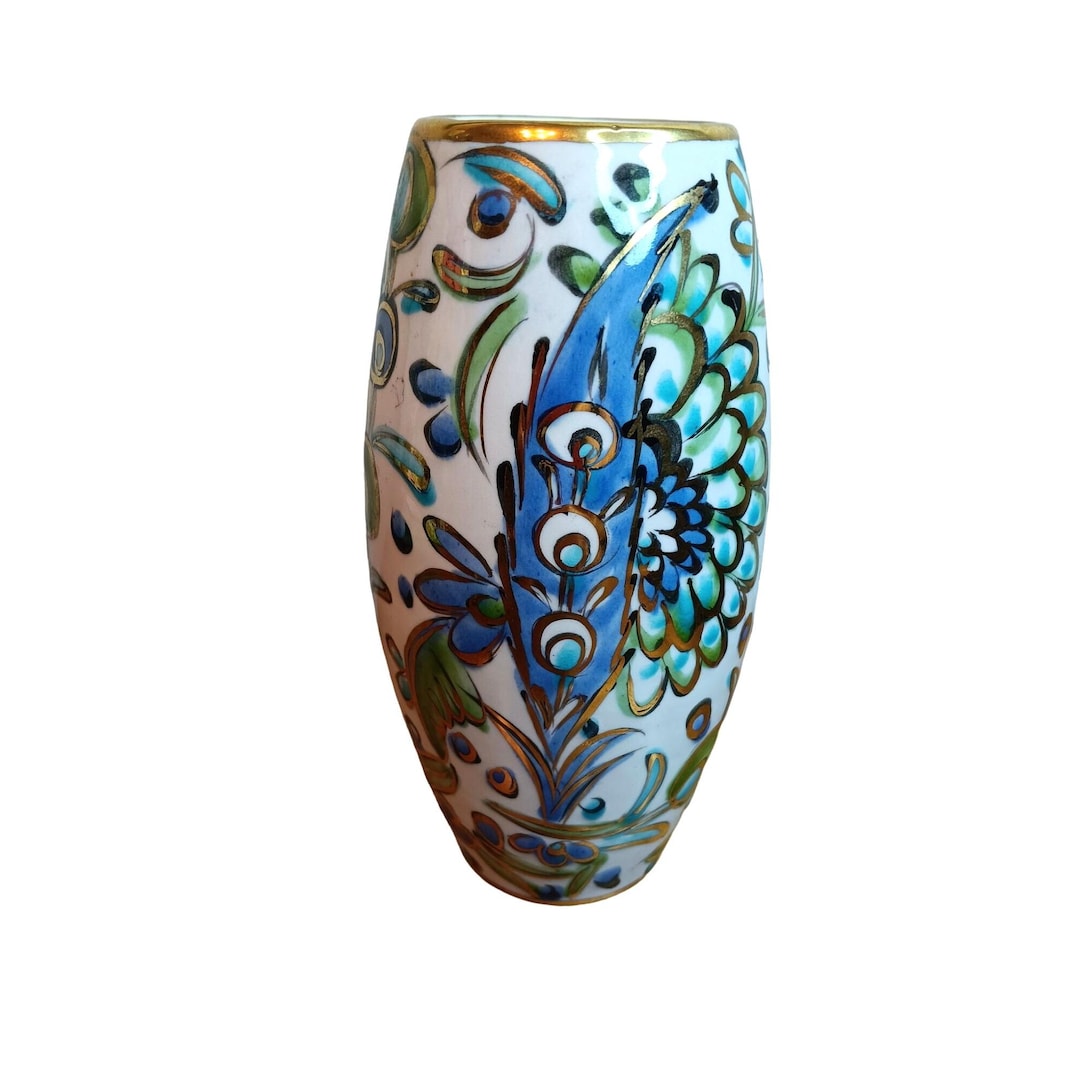 Vintage Ikaros Pottery Bud Flower Vase, Gold, Blue Green, Rhodes Greece ...