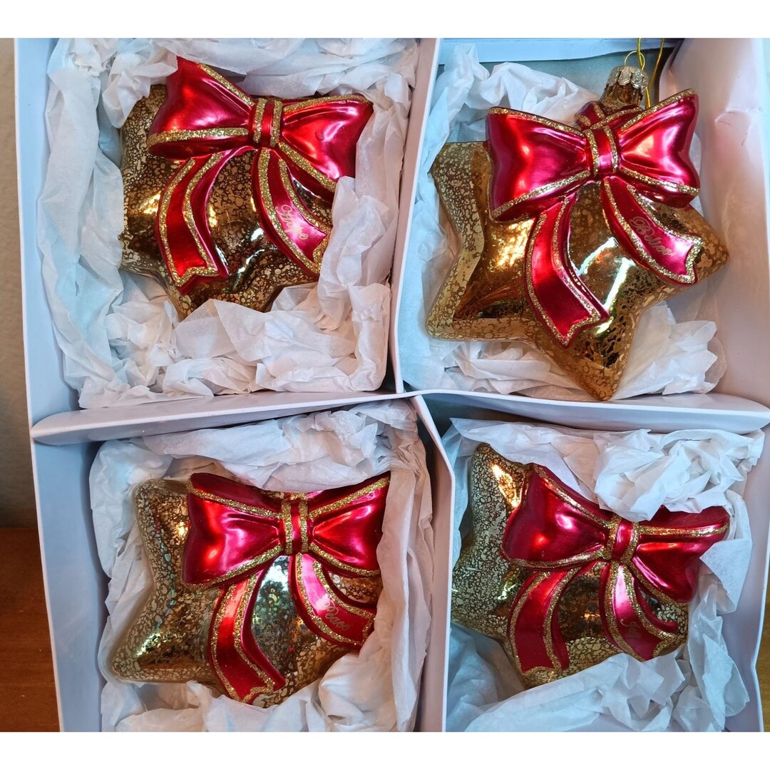 4 Ameri Christmas Gold Star Red Bow Ornaments Mercury Glass Hand Blown ...