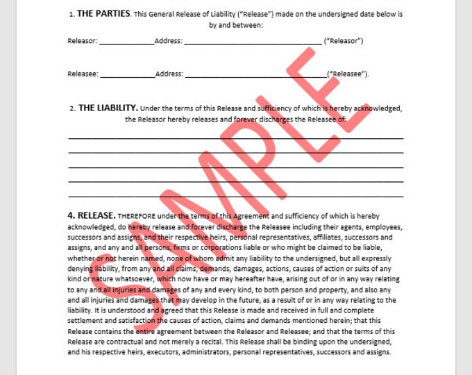 General Release of Liability Form - Etsy