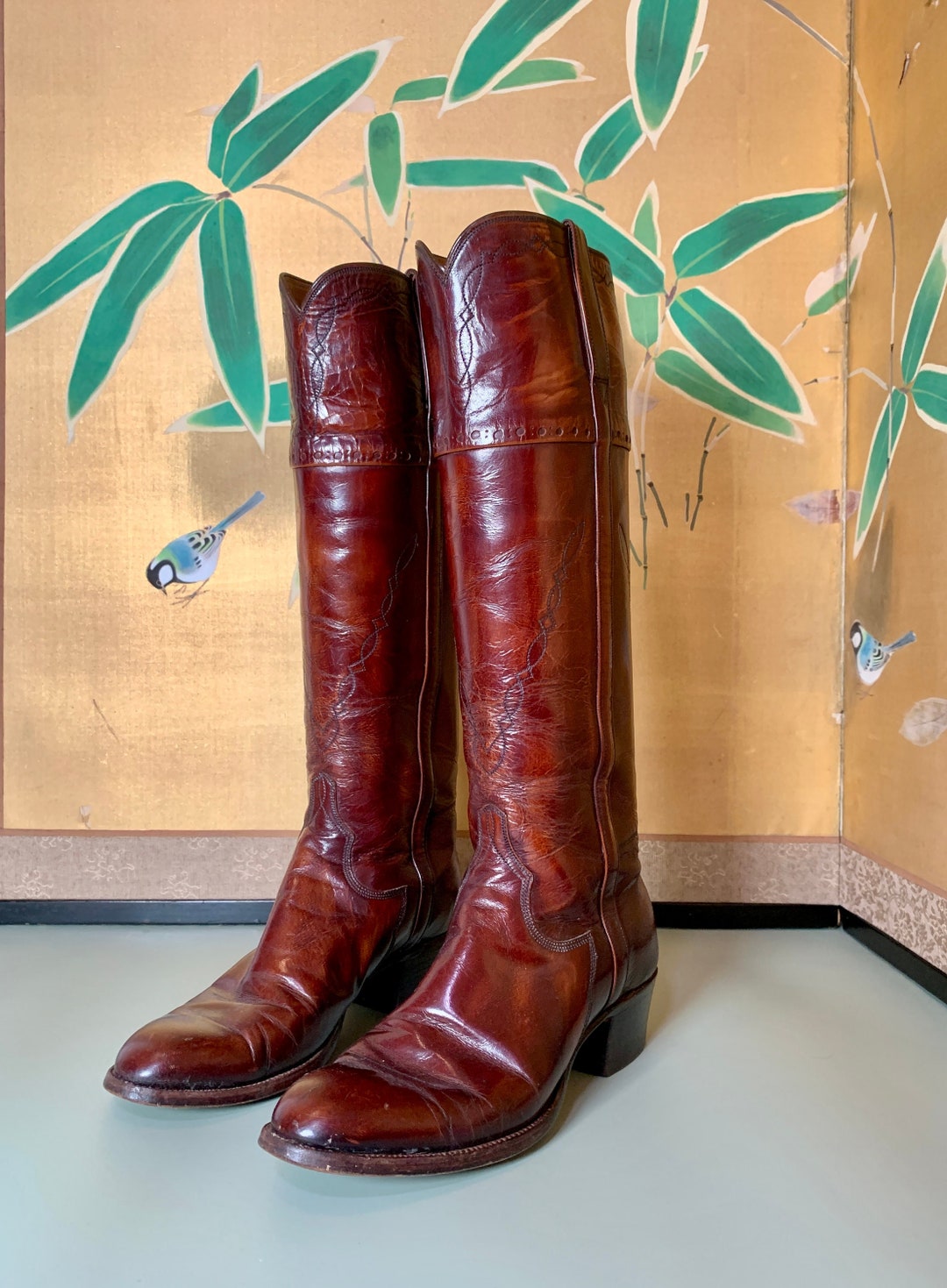LUCCHESE San Antonio Vintage Leather Knee High Western Riding Boots - Etsy