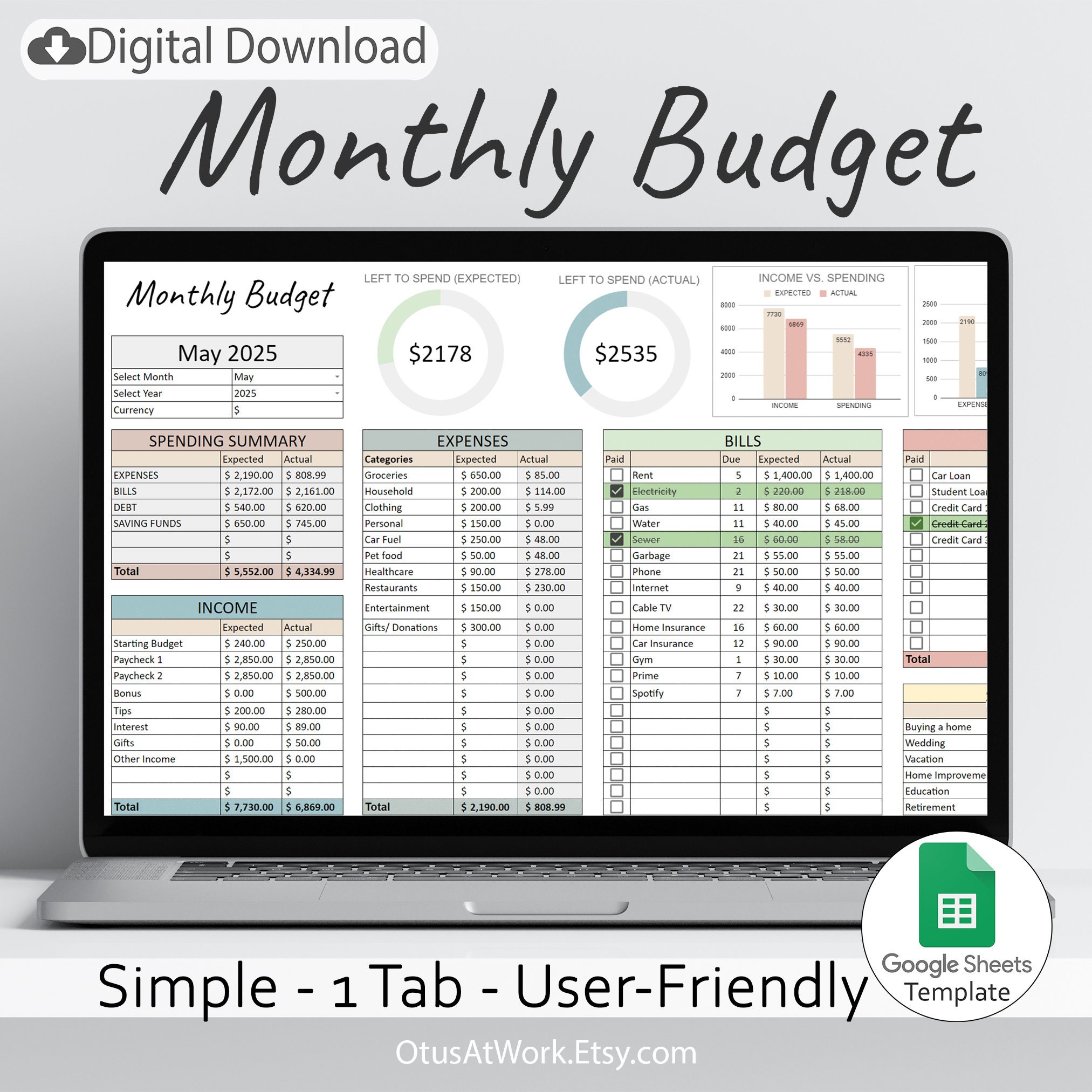 Simple Monthly Budget Template for Google Sheets, Finance Planner ...