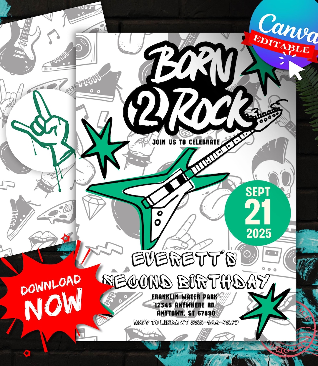 Born 2 Rock Editable Birthday Invitation Template Printable Invite Punk ...