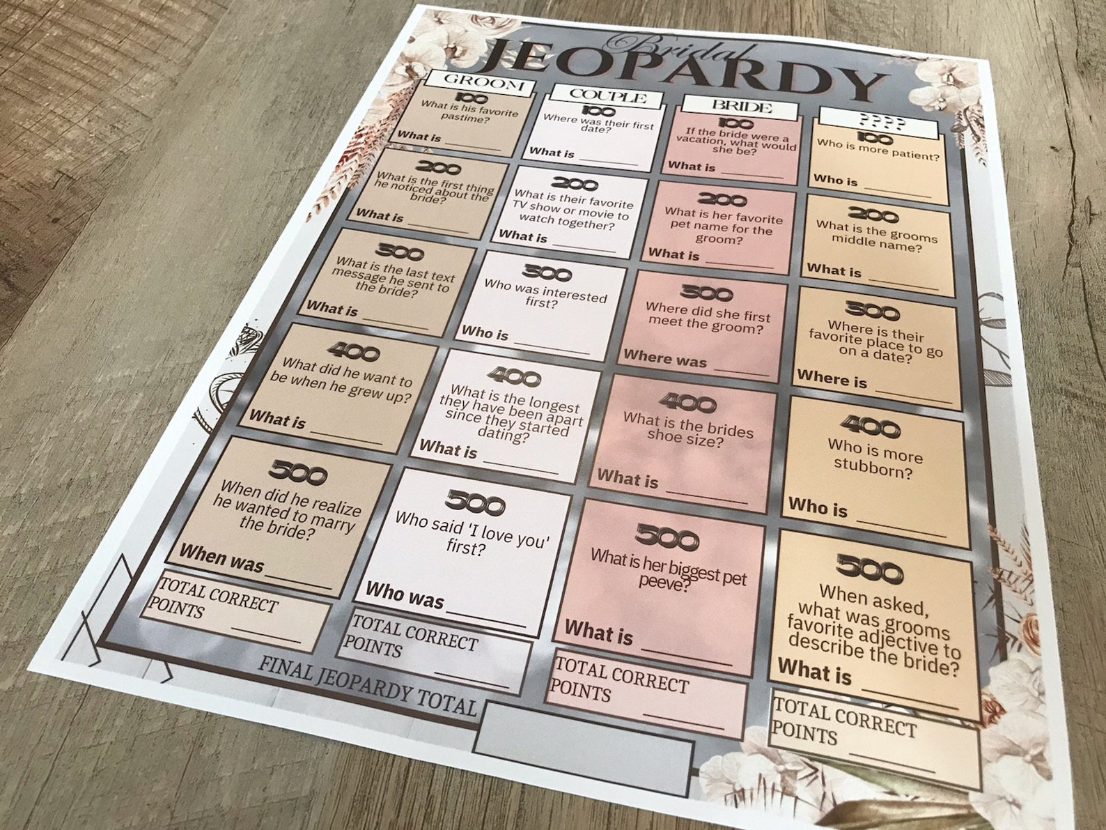 Country Bridal Shower Jeopardy Printable Wedding Game Flowers Hen Do ...