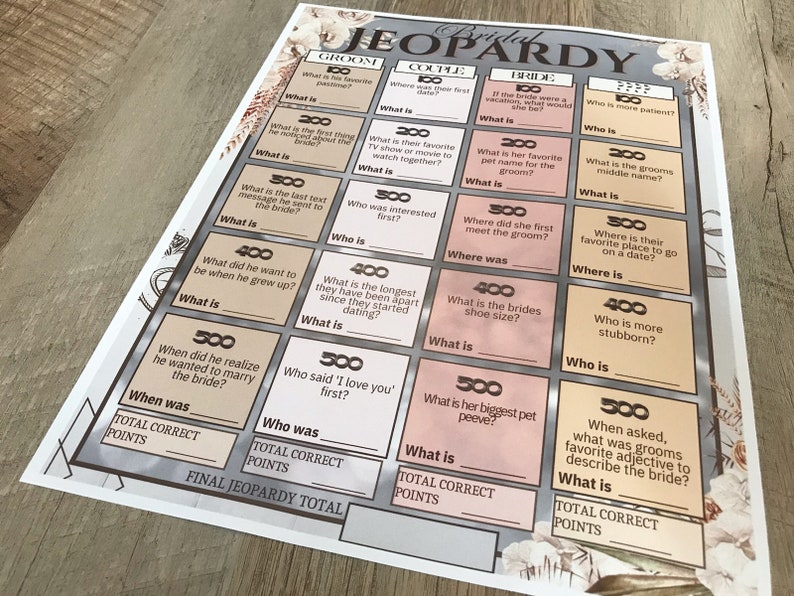 Country Bridal Shower Jeopardy Printable Wedding Game Flowers Hen Do ...