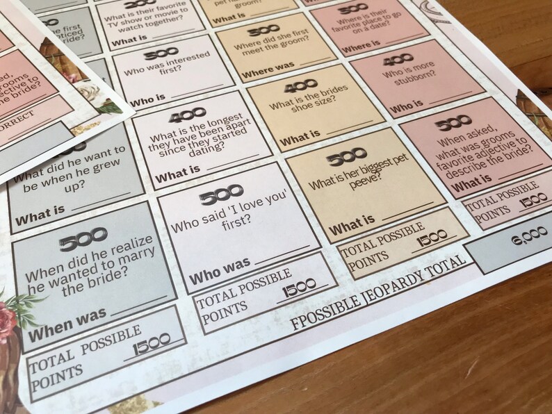Bridal Shower Jeopardy Printable Wedding Game Country Flowers Hen Do ...