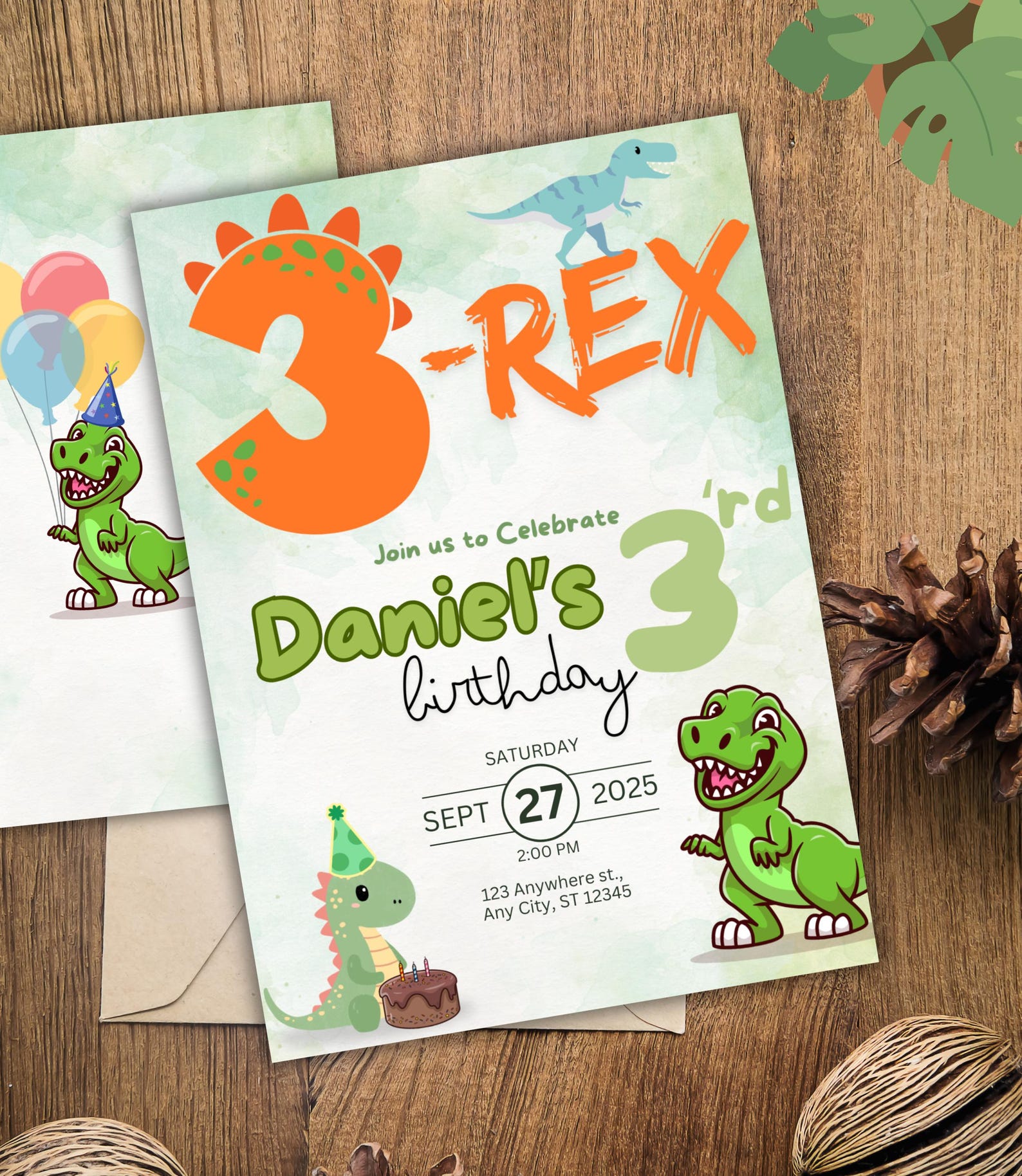 Editable Birthday Invitation Template Printable Invite 3-rex Turning 3 ...