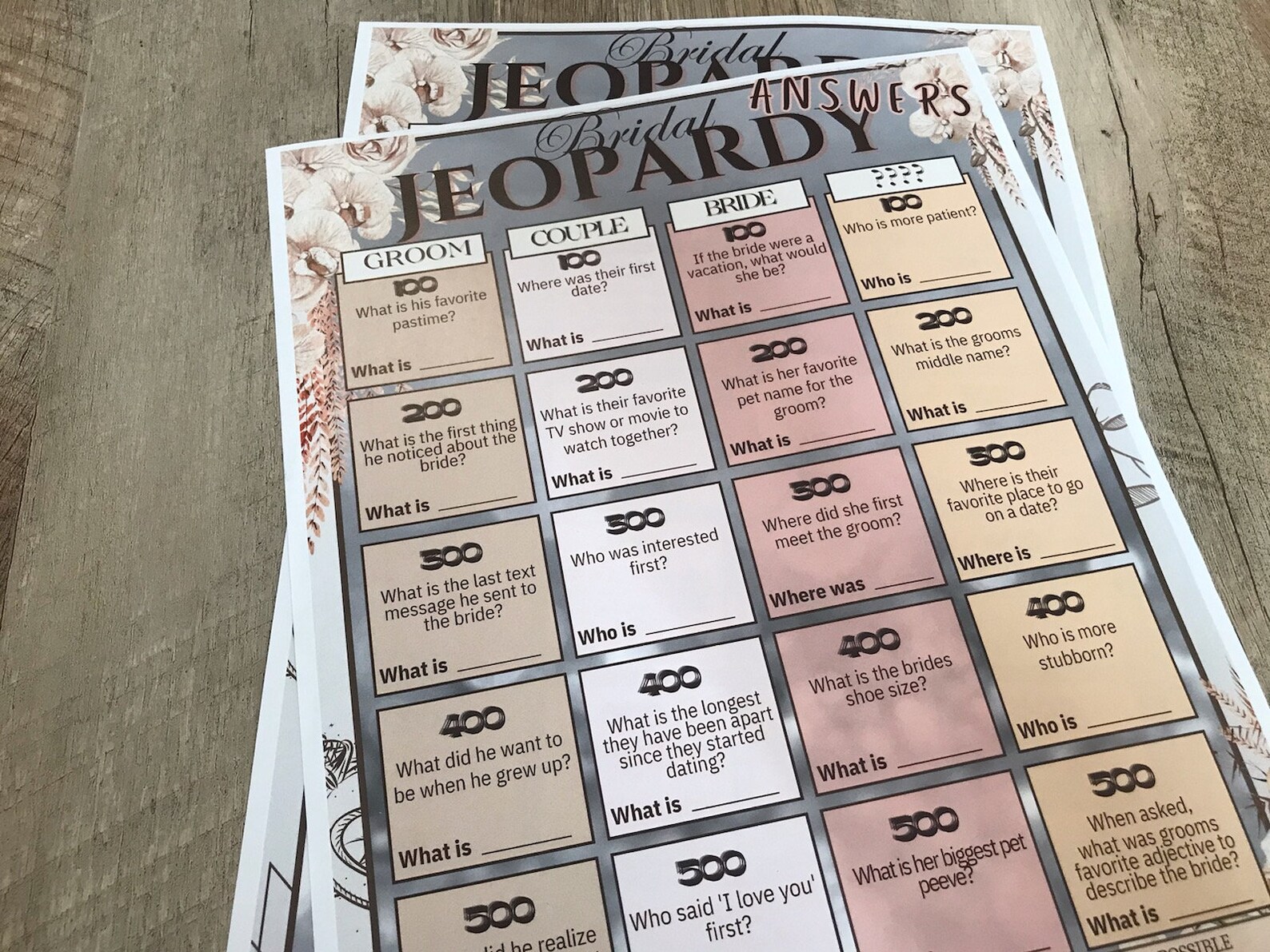 Country Bridal Shower Jeopardy Printable Wedding Game Flowers Hen Do ...