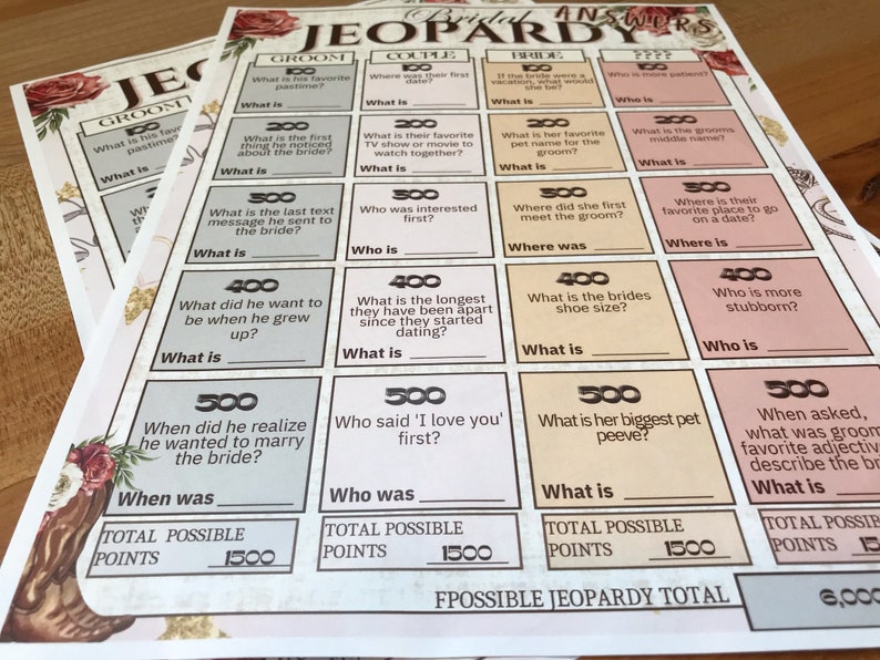 Bridal Shower Jeopardy Printable Wedding Game Country Flowers Hen Do ...