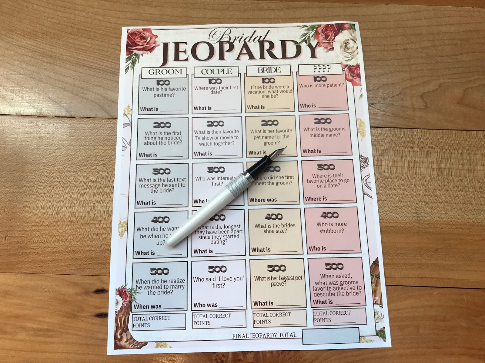 Bridal Shower Jeopardy Printable Wedding Game Country Flowers Hen Do ...