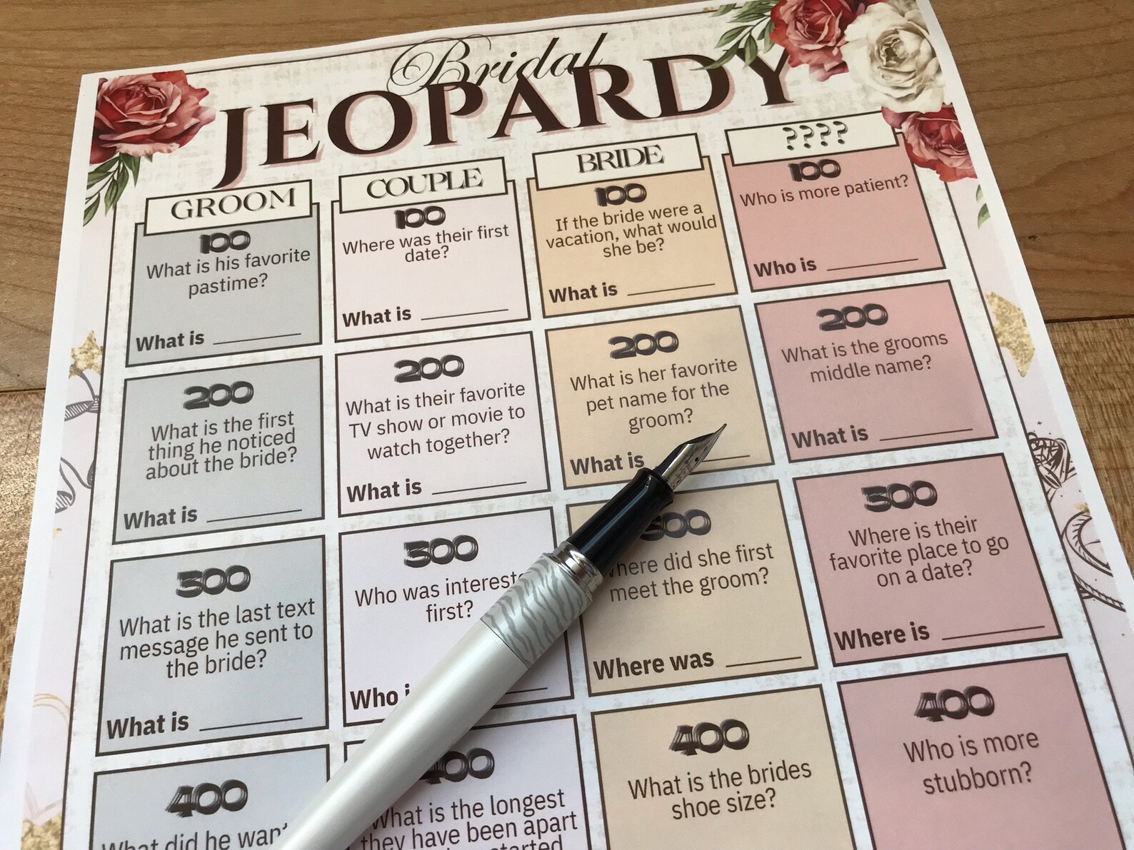 Bridal Shower Jeopardy Printable Wedding Game Country Flowers Hen Do ...