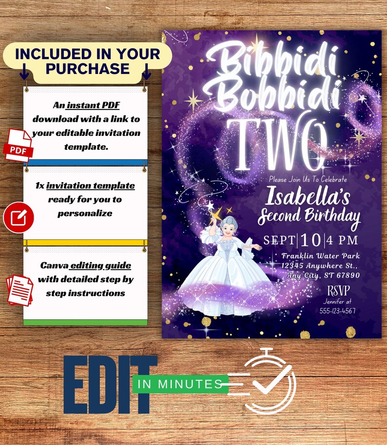 Editable Bibbidi Bobbidi Two Princess Birthday Invitation Template ...