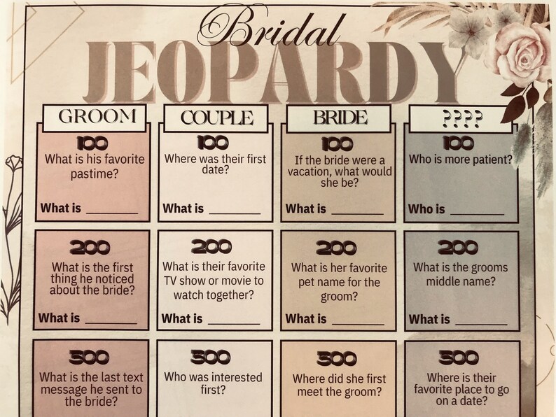 Boho Bridal Shower Jeopardy Printable Wedding Game Flowers Hen Do ...