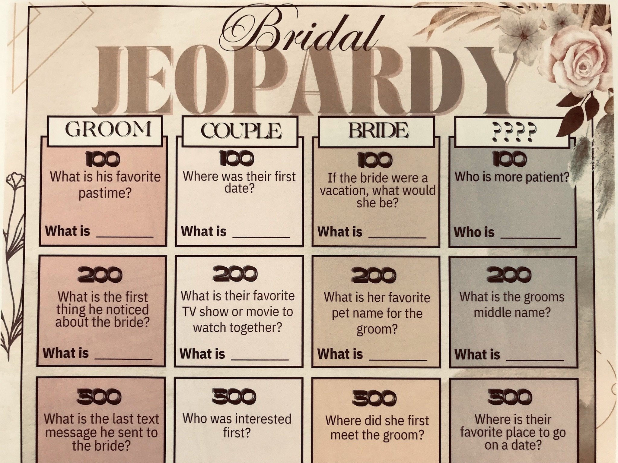 Boho Bridal Shower Jeopardy Printable Wedding Game Flowers Hen Do ...