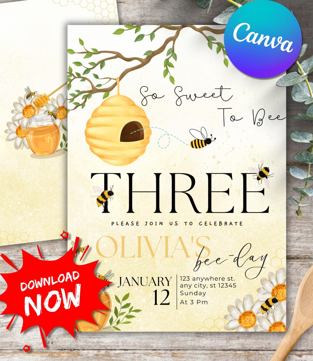 Editable so Sweet to Bee Three Birthday Invitation Template Printable ...