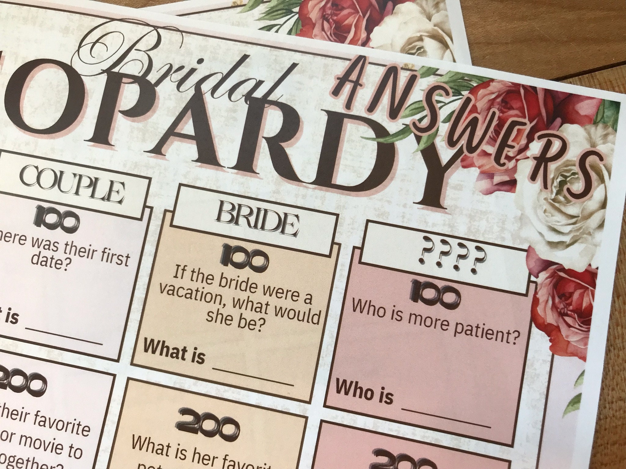 Bridal Shower Jeopardy Printable Wedding Game Country Flowers Hen Do ...