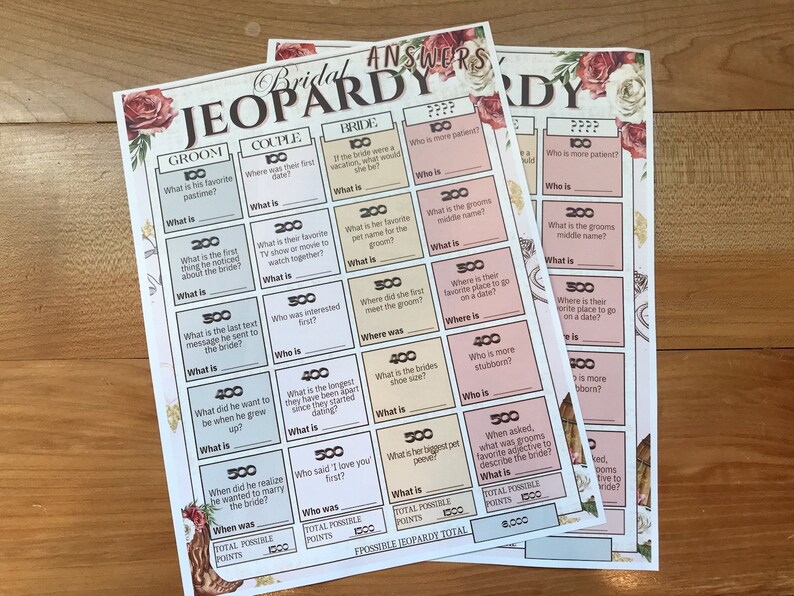 Bridal Shower Jeopardy Printable Wedding Game Country Flowers Hen Do ...